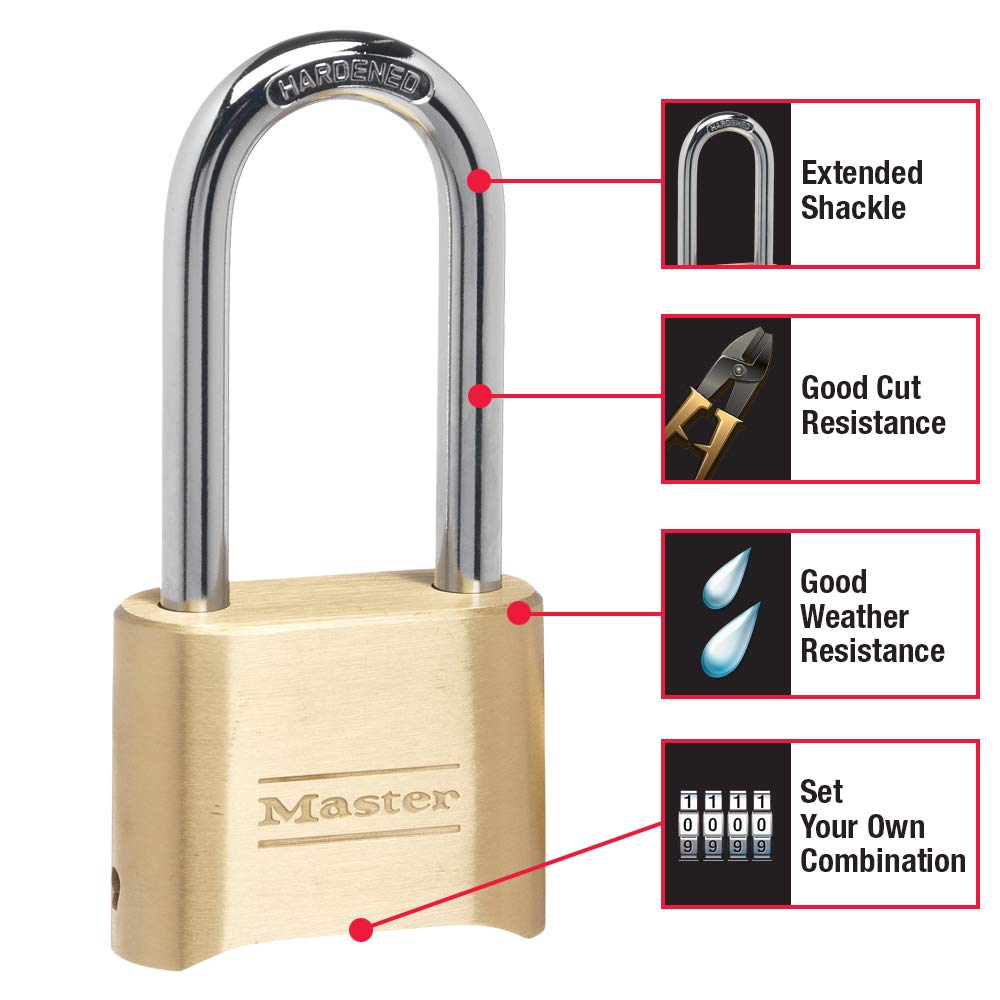 Master Lock Combination Lock, Indoor and Outdoor Padlock, Set Your Own Combination Lock, Extended 2-1/4 in. Lock Shackle with Brass Finish, 175DLH