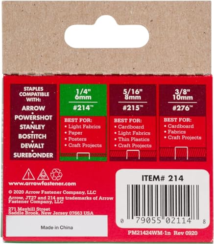 Arrow 214 JT21 Thin Wire Staples for Staple Guns and Staplers, Use for Upholstery, Crafts, General Repairs, 1/4-Inch Leg Length, 7/16-Inch Crown Width, 1000-Pack