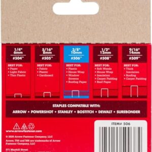 Arrow 506 Heavy Duty T50 3/8-Inch Leg Length, 3/8-Inch Crown, Staples for Upholstery, Construction, Furniture, Crafts, 1250-Pack