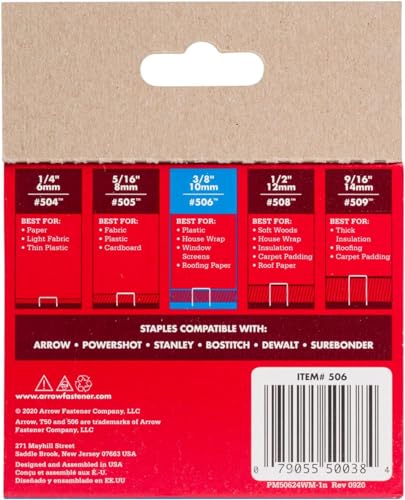 Arrow 506 Heavy Duty T50 3/8-Inch Leg Length, 3/8-Inch Crown, Staples for Upholstery, Construction, Furniture, Crafts, 1250-Pack