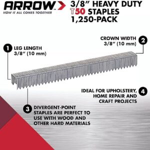 Arrow 506 Heavy Duty T50 3/8-Inch Leg Length, 3/8-Inch Crown, Staples for Upholstery, Construction, Furniture, Crafts, 1250-Pack