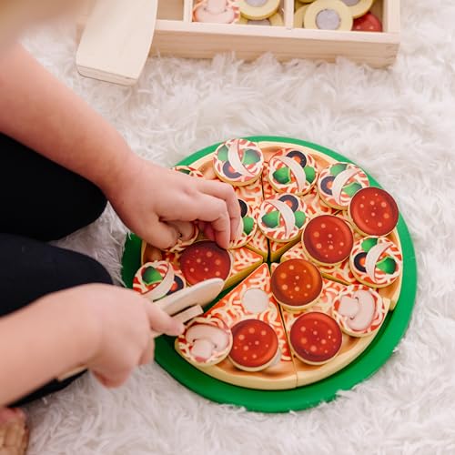 Melissa & Doug Wooden Pizza Play Food Set With 36 Toppings - Pretend Food And Pizza Cutter/ Toy For Kids Ages 3+