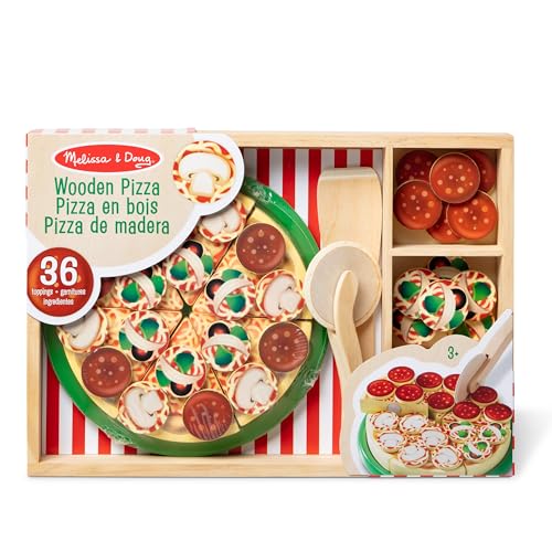 Melissa & Doug Wooden Pizza Play Food Set With 36 Toppings - Pretend Food And Pizza Cutter/ Toy For Kids Ages 3+