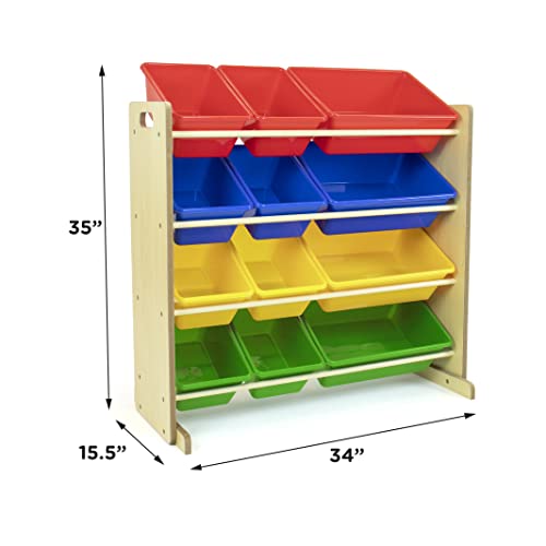 Humble Crew, Natural/Primary Kids' Toy Storage Organizer with 12 Plastic Bins, 34*35*15.5inch