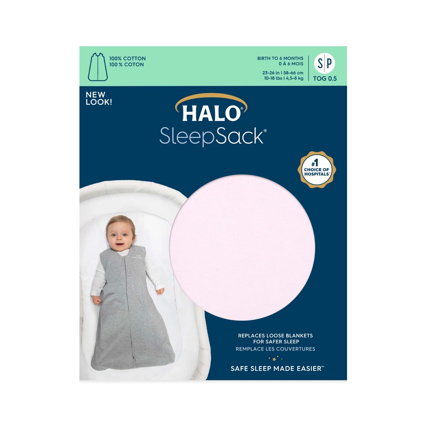 HALO Sleepsack 100% Cotton Wearable Blanket, TOG 0.5, Soft Pink, Medium