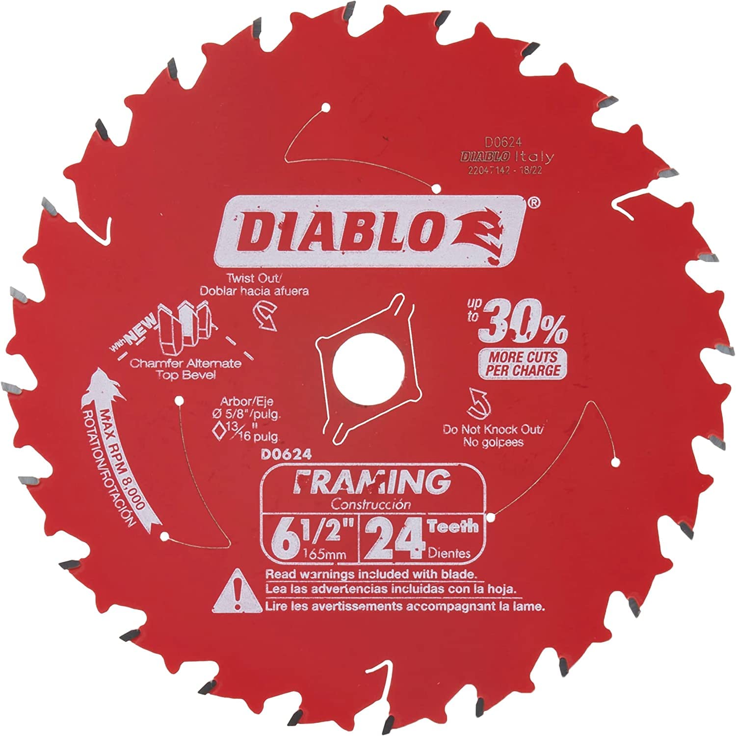 Freud D0624X Diablo 6-1/2-Inch 24-Tooth ATB Framing Saw Blade with 5/8-Inch Arbor, multi