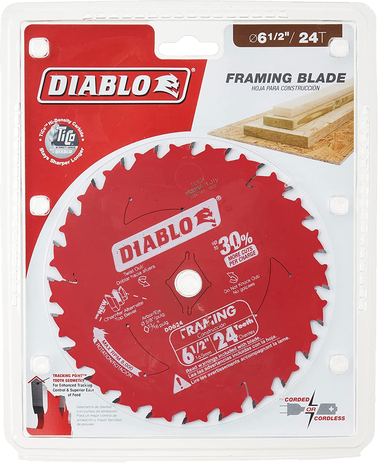 Freud D0624X Diablo 6-1/2-Inch 24-Tooth ATB Framing Saw Blade with 5/8-Inch Arbor, multi