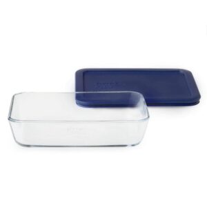 pyrex 3-cup single rectangular food storage container with bpa-free lid, non-toxic, tempered non-pourous glass, microwave, dishwasher, freezer and oven safe, blue