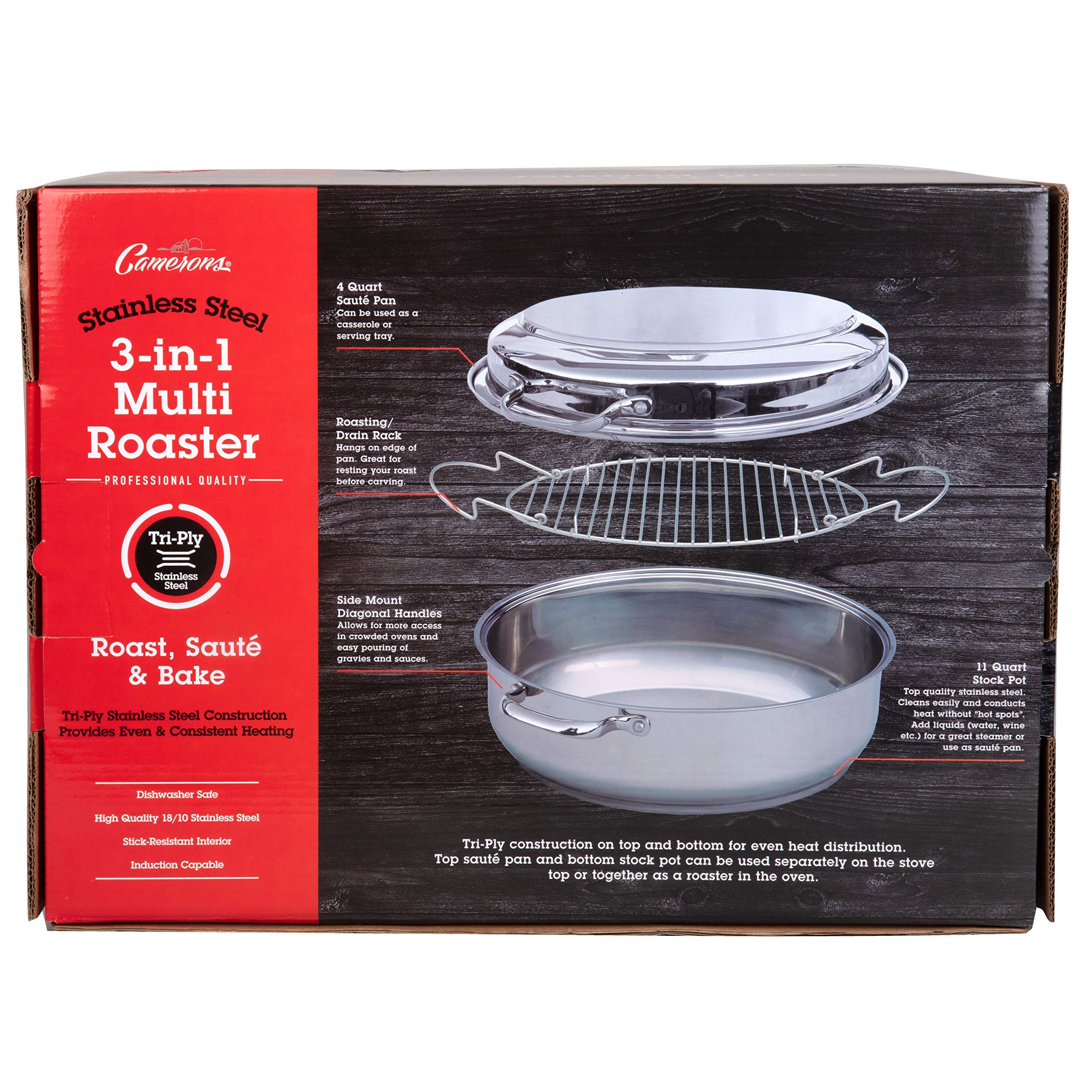 3 In 1 Multi Roaster w Lid- 18/10 Professional Grade Tri-Ply Stainless Steel- 11qt Poultry Roasting Pan w Rack, Stock Pot, & Sautee Cookware- Induction Capable w Stick Resistant Interior