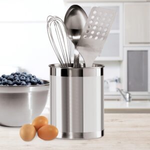 Oggi Stainless Steel Utensil Holder - 5" Diameter, Utensil Caddy, Weighted Base for Stability - Larger-Sized Utensil Crock and Countertop Utensil Organizer, Stainless Steel