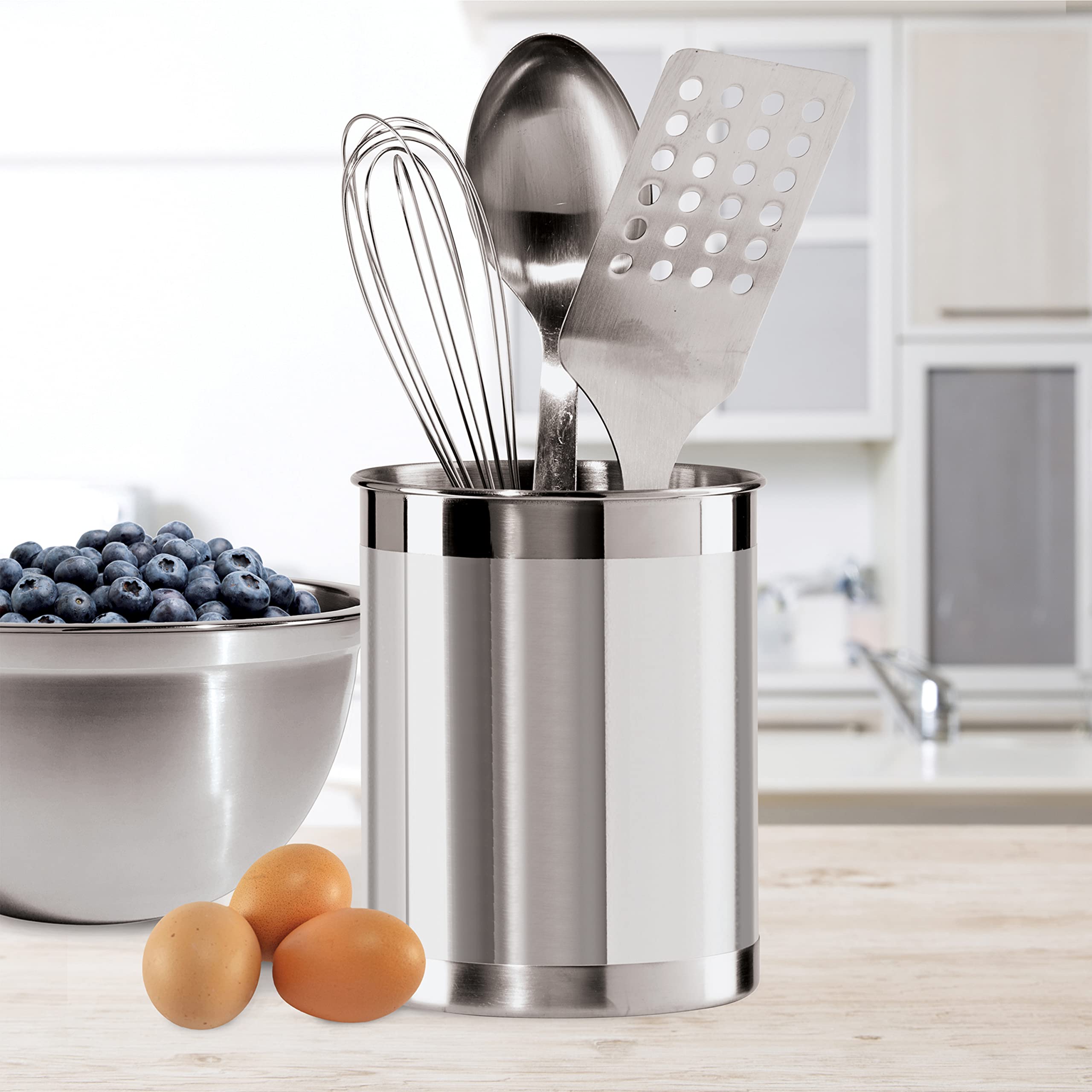 Oggi Stainless Steel Utensil Holder - 5" Diameter, Utensil Caddy, Weighted Base for Stability - Larger-Sized Utensil Crock and Countertop Utensil Organizer, Stainless Steel