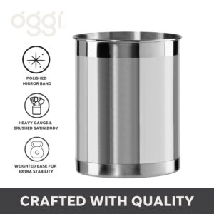 Oggi Stainless Steel Utensil Holder - 5" Diameter, Utensil Caddy, Weighted Base for Stability - Larger-Sized Utensil Crock and Countertop Utensil Organizer, Stainless Steel