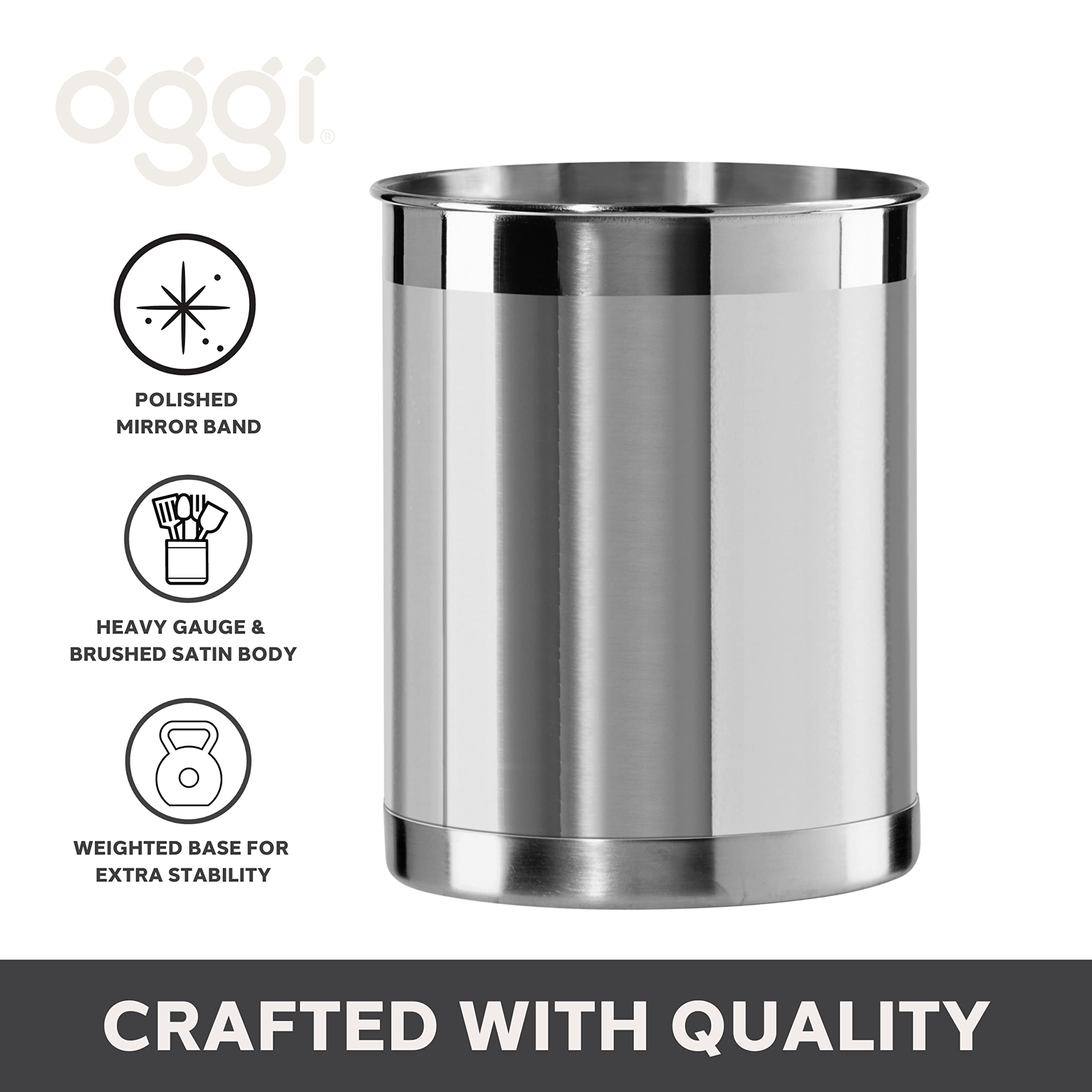 Oggi Stainless Steel Utensil Holder - 5" Diameter, Utensil Caddy, Weighted Base for Stability - Larger-Sized Utensil Crock and Countertop Utensil Organizer, Stainless Steel