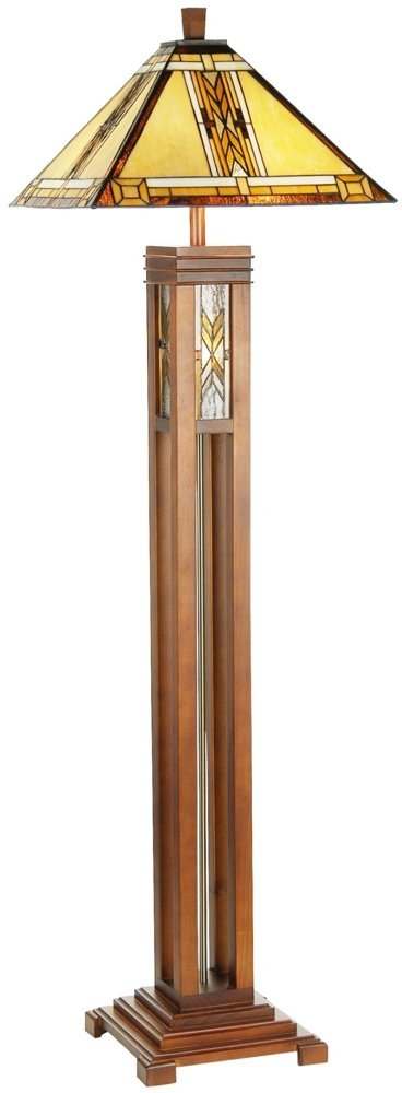 Robert Louis Tiffany Mission Rustic Tiffany Style Floor Lamp with Night Light 62.5" Tall Walnut Wood Column Square Geometric Stained Glass Shade Decor for Living Room Reading House Bedroom