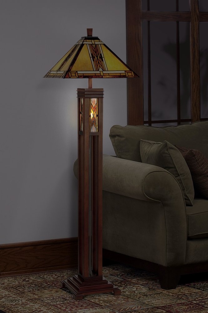 Robert Louis Tiffany Mission Rustic Tiffany Style Floor Lamp with Night Light 62.5" Tall Walnut Wood Column Square Geometric Stained Glass Shade Decor for Living Room Reading House Bedroom