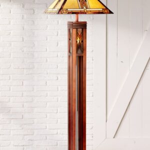 Robert Louis Tiffany Mission Rustic Tiffany Style Floor Lamp with Night Light 62.5" Tall Walnut Wood Column Square Geometric Stained Glass Shade Decor for Living Room Reading House Bedroom