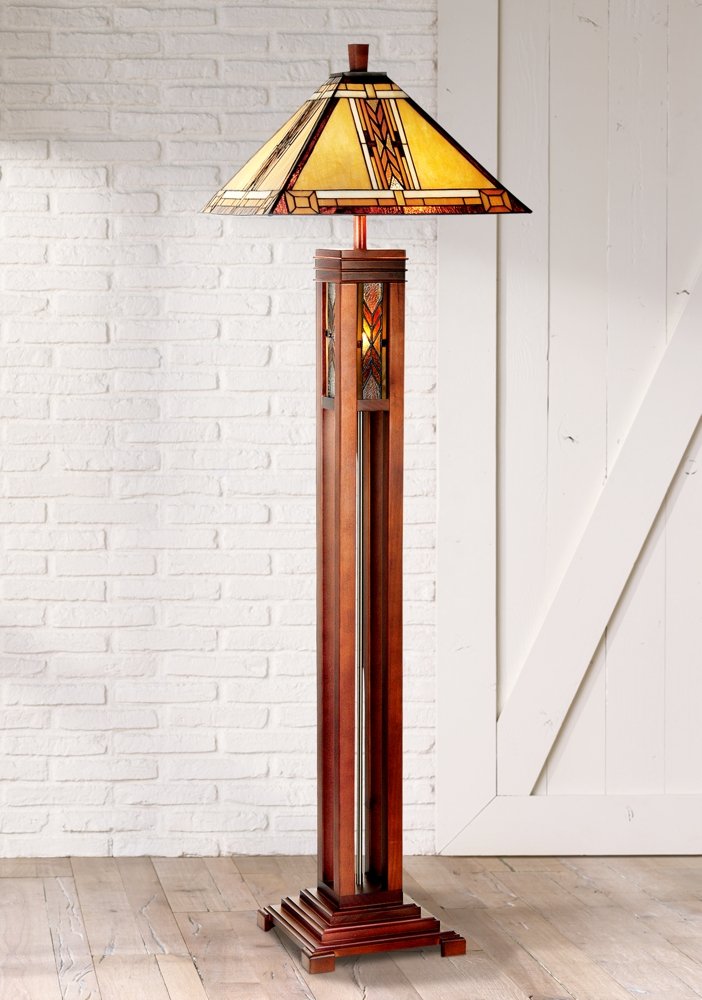 Robert Louis Tiffany Mission Rustic Tiffany Style Floor Lamp with Night Light 62.5" Tall Walnut Wood Column Square Geometric Stained Glass Shade Decor for Living Room Reading House Bedroom