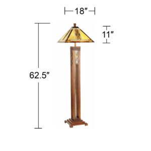 Robert Louis Tiffany Mission Rustic Tiffany Style Floor Lamp with Night Light 62.5" Tall Walnut Wood Column Square Geometric Stained Glass Shade Decor for Living Room Reading House Bedroom