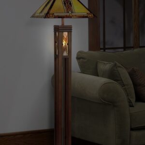 Robert Louis Tiffany Mission Rustic Tiffany Style Floor Lamp with Night Light 62.5" Tall Walnut Wood Column Square Geometric Stained Glass Shade Decor for Living Room Reading House Bedroom