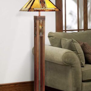 Robert Louis Tiffany Mission Rustic Tiffany Style Floor Lamp with Night Light 62.5" Tall Walnut Wood Column Square Geometric Stained Glass Shade Decor for Living Room Reading House Bedroom