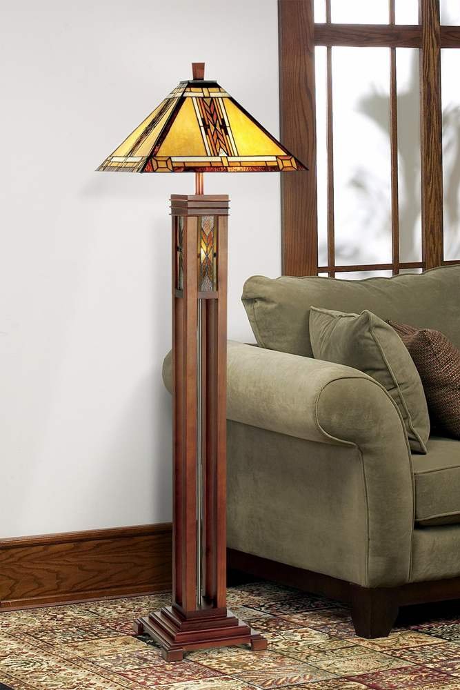 Robert Louis Tiffany Mission Rustic Tiffany Style Floor Lamp with Night Light 62.5" Tall Walnut Wood Column Square Geometric Stained Glass Shade Decor for Living Room Reading House Bedroom