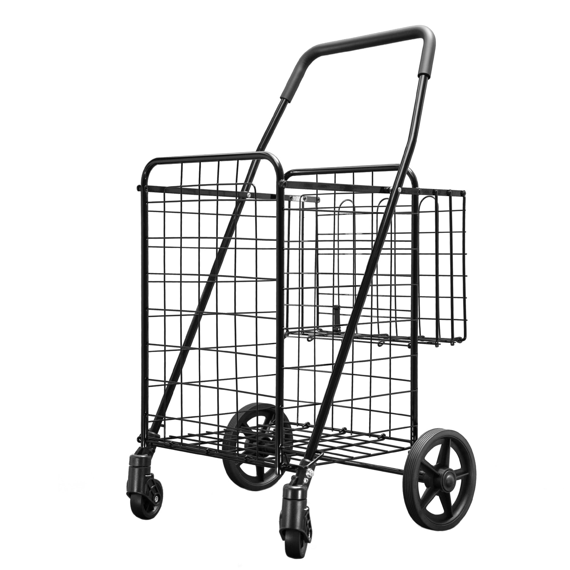 MOD Complete Folding Shopping Cart with 360-Degree Swivel Wheels (Black, Double Basket)