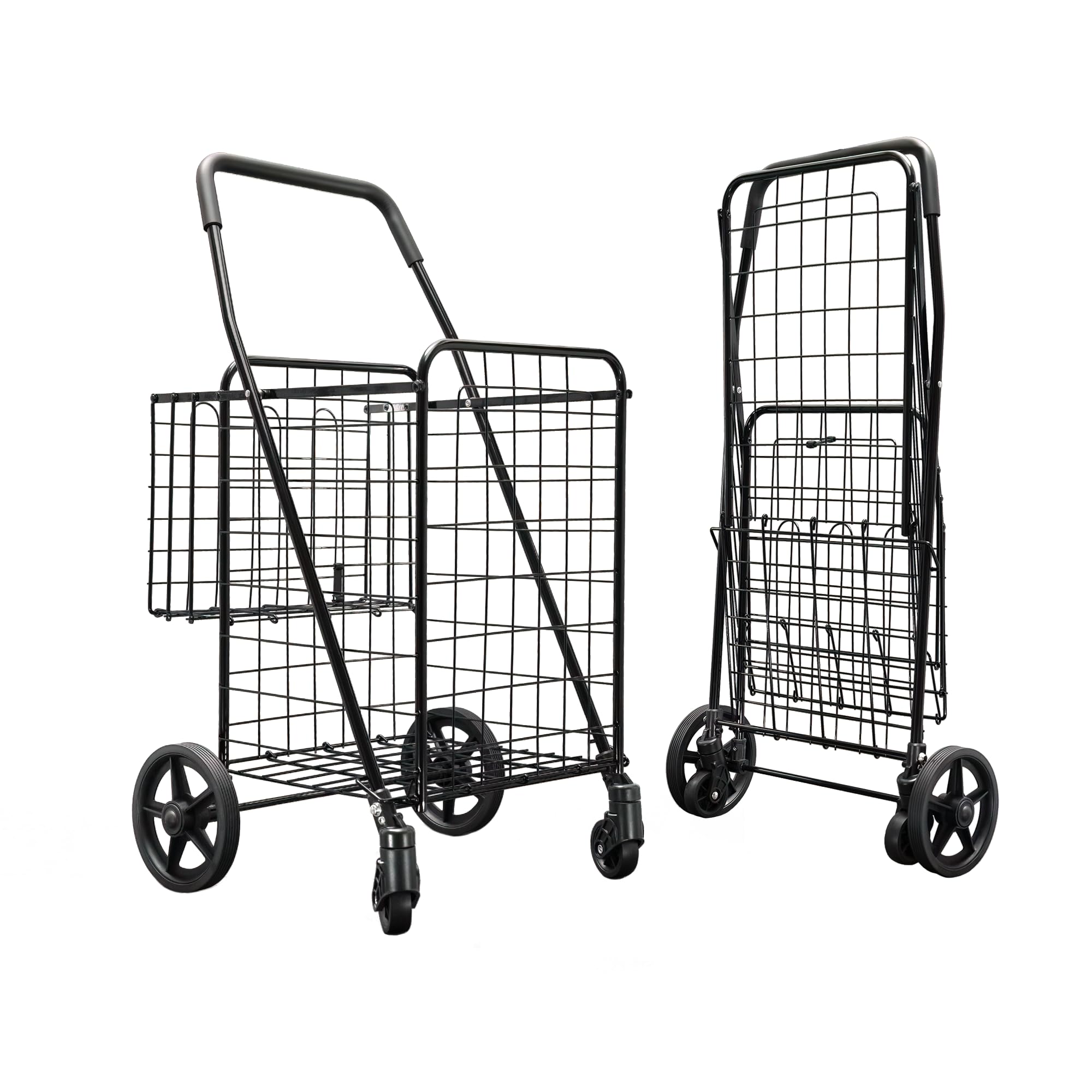 MOD Complete Folding Shopping Cart with 360-Degree Swivel Wheels (Black, Double Basket)