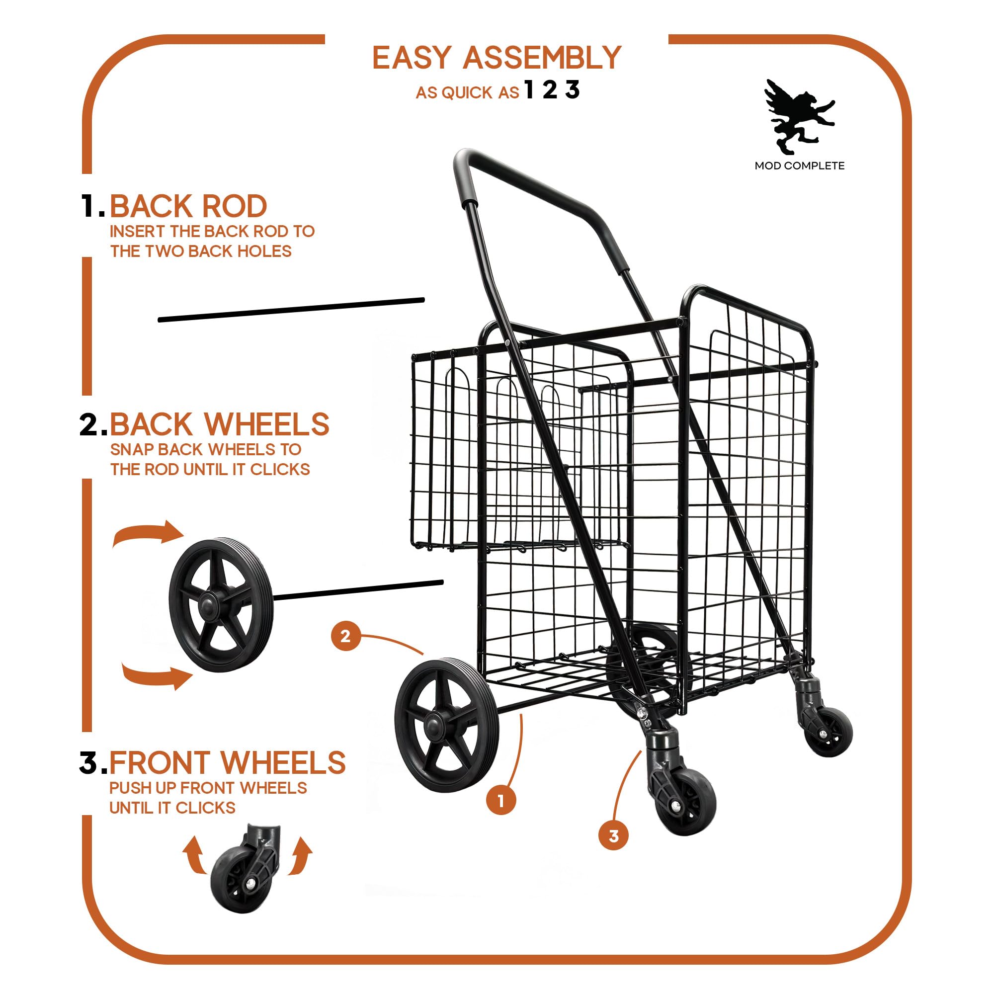 MOD Complete Folding Shopping Cart with 360-Degree Swivel Wheels (Black, Double Basket)