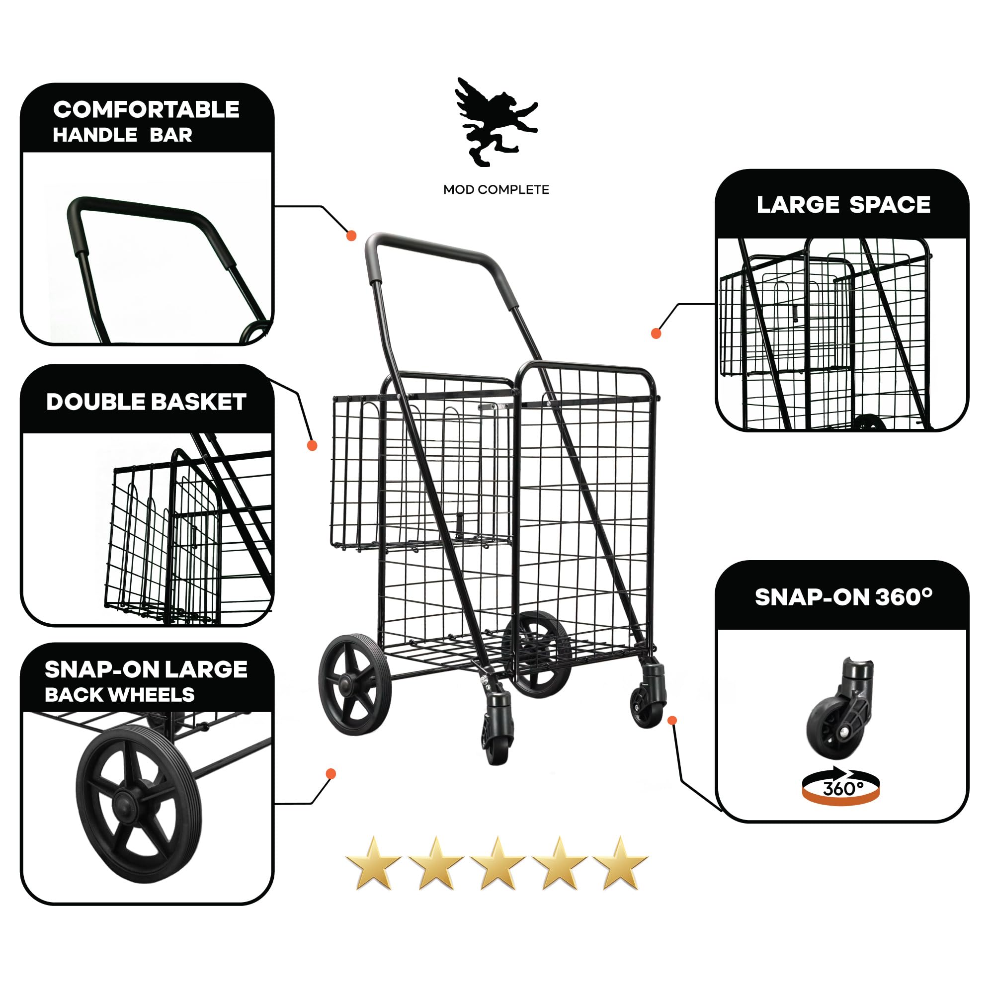 MOD Complete Folding Shopping Cart with 360-Degree Swivel Wheels (Black, Double Basket)