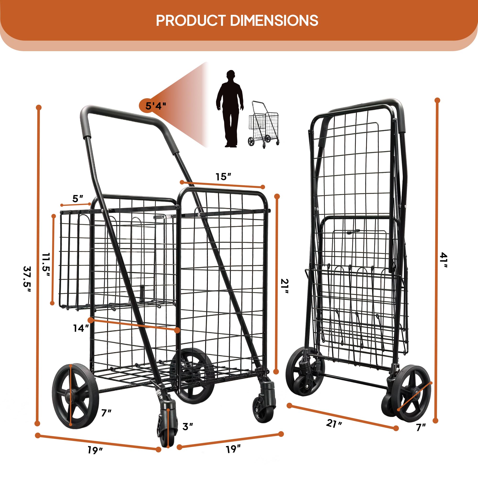 MOD Complete Folding Shopping Cart with 360-Degree Swivel Wheels (Black, Double Basket)