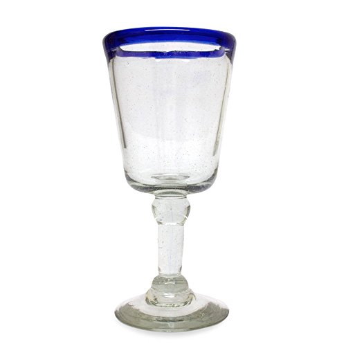 NOVICA Hand Blown Clear Cobalt Blue Rim Recycled Glass Wine Glasses, 8 Oz 'Chardonnay' (Set Of 6)