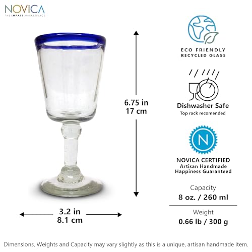 NOVICA Hand Blown Clear Cobalt Blue Rim Recycled Glass Wine Glasses, 8 Oz 'Chardonnay' (Set Of 6)