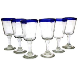 NOVICA Hand Blown Clear Cobalt Blue Rim Recycled Glass Wine Glasses, 8 Oz 'Chardonnay' (Set Of 6)