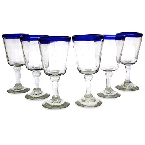 NOVICA Hand Blown Clear Cobalt Blue Rim Recycled Glass Wine Glasses, 8 Oz 'Chardonnay' (Set Of 6)