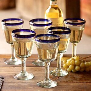 NOVICA Hand Blown Clear Cobalt Blue Rim Recycled Glass Wine Glasses, 8 Oz 'Chardonnay' (Set Of 6)