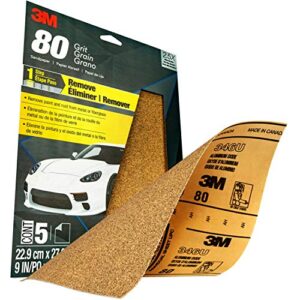 3M Sandpaper, 80 Grit, 5 Sheets, 9 in x 11 in, Longer Lasting Super Strong Abrasive, Great For Smoothing Body Filler, Shaping Glaze & Spot Putty, For Hand Or Machine Sanding (32115)