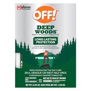 off! deep woods mosquito and insect repellent wipes, long lasting, 12 individually wrapped wipes