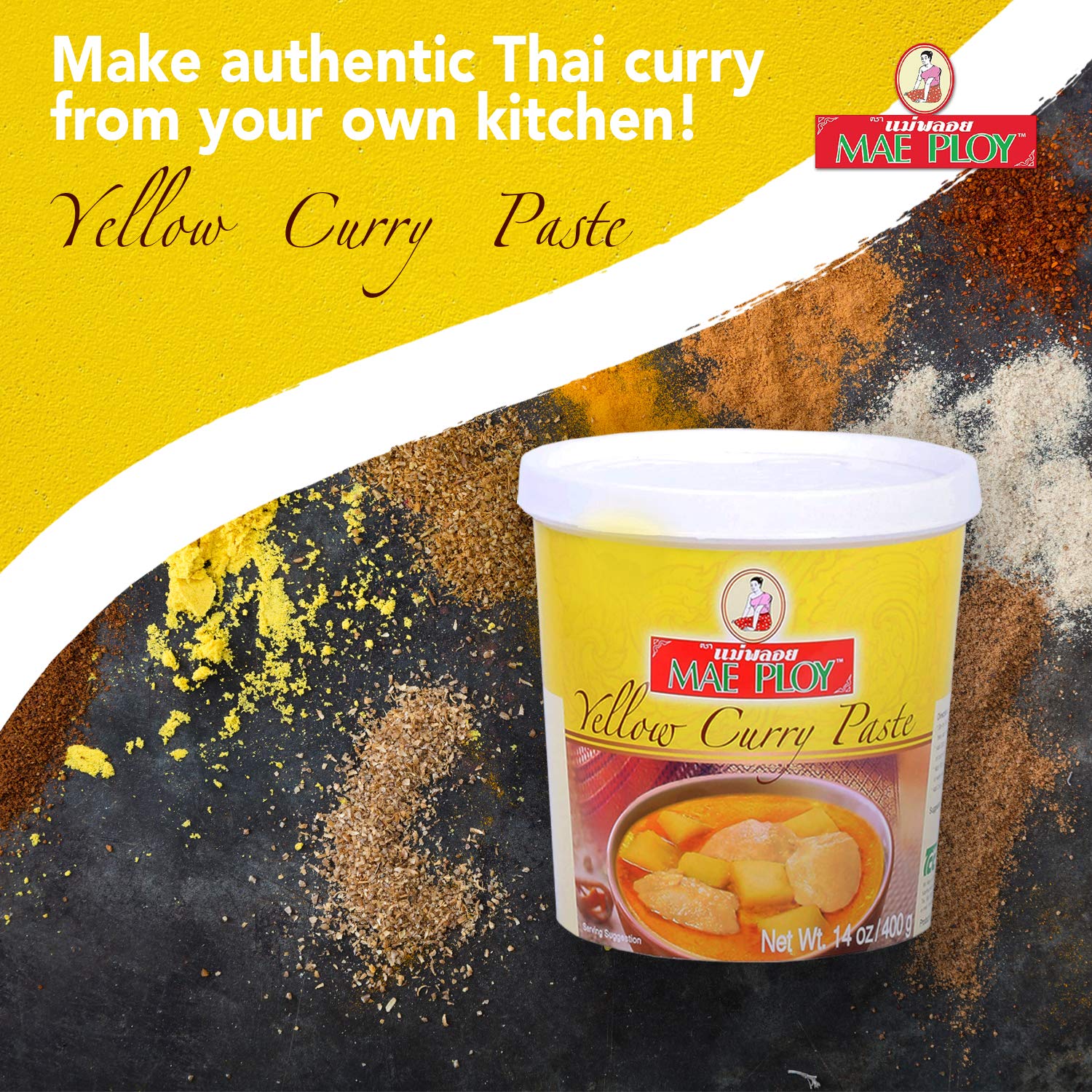 Mae Ploy Thai Yellow Curry Paste for Restaurant-Quality Curries, Aromatic Blend of Herbs, Spices & Shrimp Paste, No MSG, Preservatives or Artificial Coloring (14oz Tub)