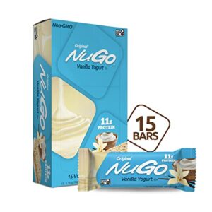 nugo protein bar, vanilla yogurt, 11g protein, 170 calories, gluten free, 1.76 ounce each, 15 count (pack of 1)