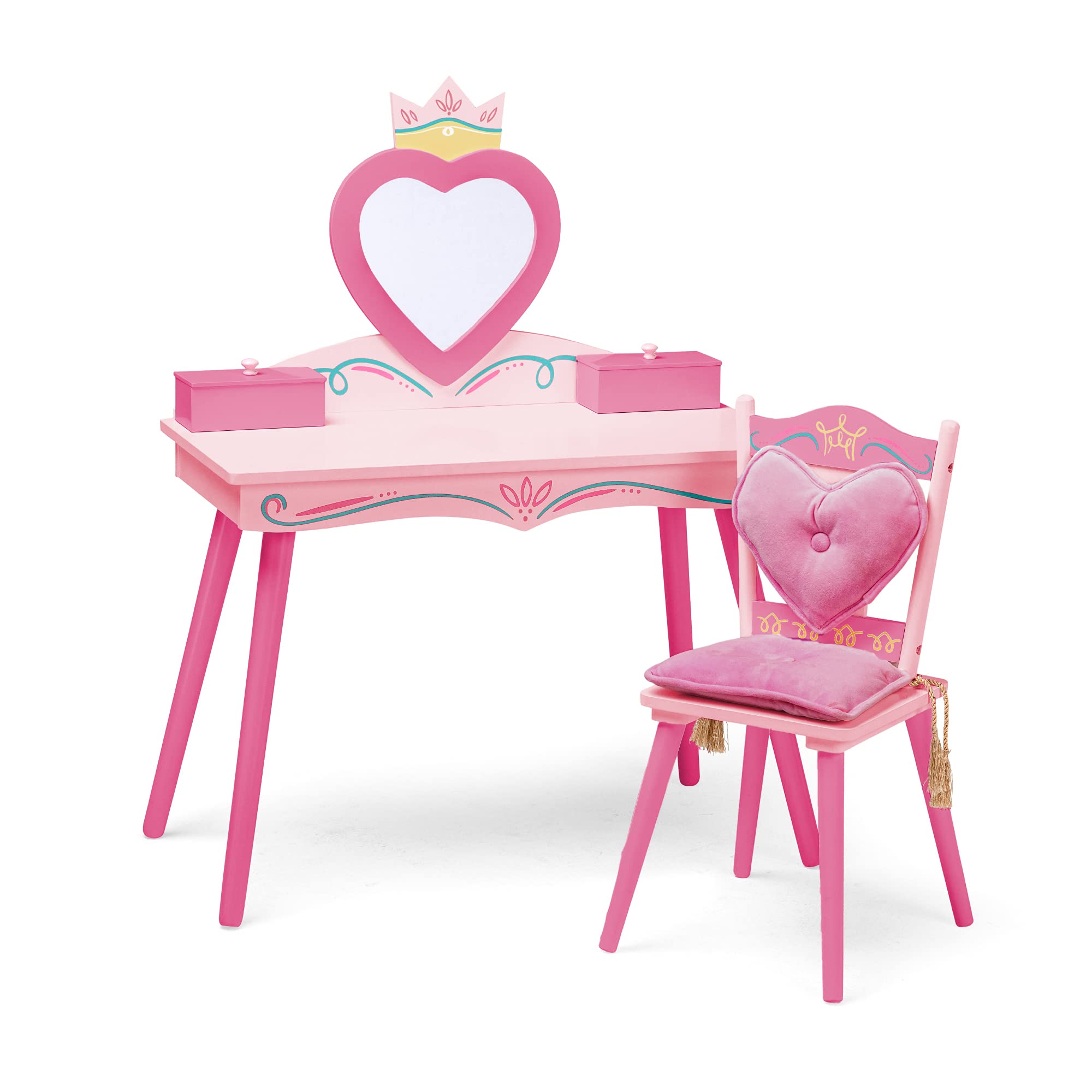 Wildkin Kids Princess Wooden Vanity and Chair Set for Girls, Vanity Features Mirror and Attached Jewelry Box and Music Box, Includes Matching Chair with Removable Backrest and Seat Cushion (Pink)