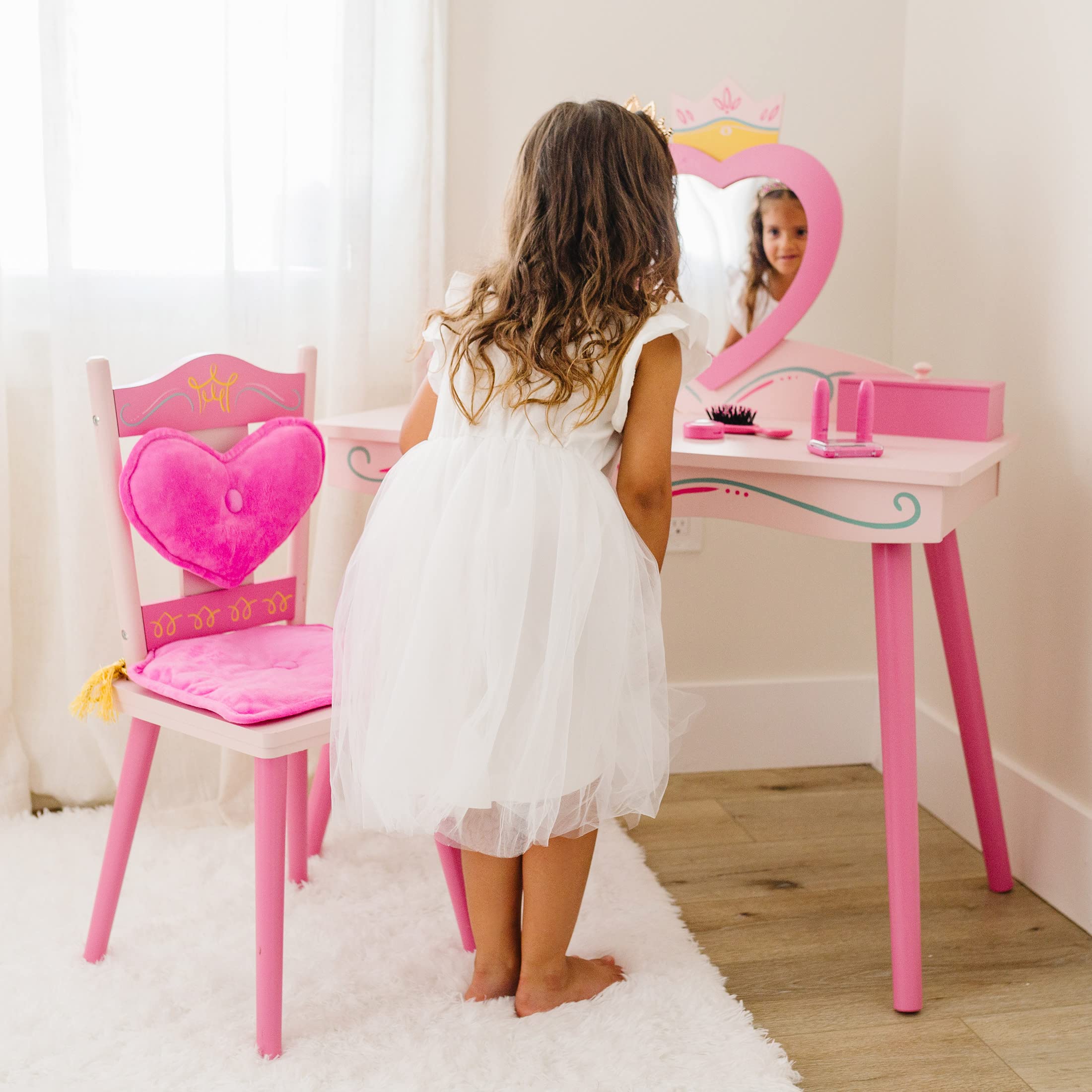 Wildkin Kids Princess Wooden Vanity and Chair Set for Girls, Vanity Features Mirror and Attached Jewelry Box and Music Box, Includes Matching Chair with Removable Backrest and Seat Cushion (Pink)