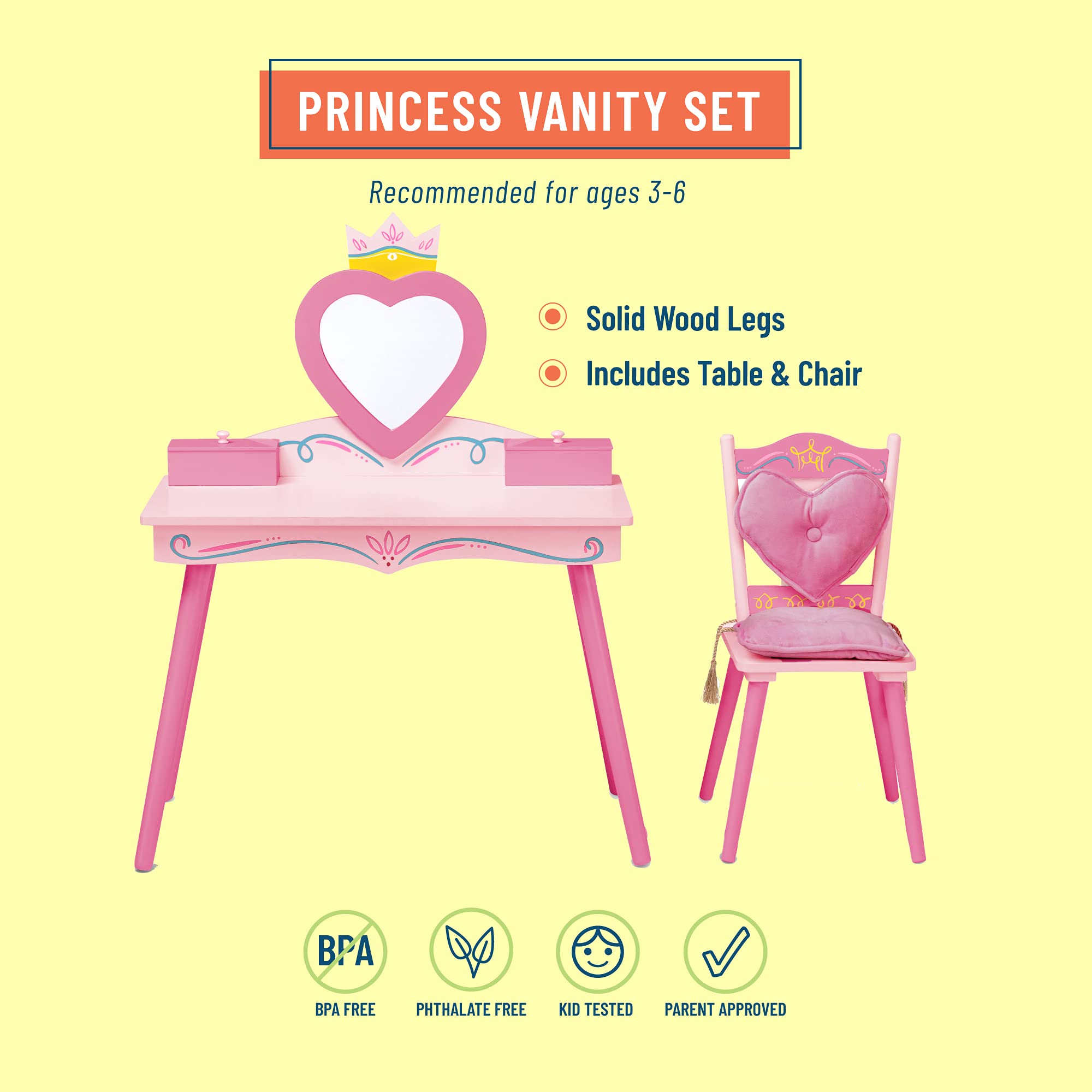 Wildkin Kids Princess Wooden Vanity and Chair Set for Girls, Vanity Features Mirror and Attached Jewelry Box and Music Box, Includes Matching Chair with Removable Backrest and Seat Cushion (Pink)