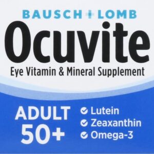 Ocuvite Eye Vitamin & Mineral Supplement, Contains Zinc, Vitamins C, E, Omega 3, Lutein, & Zeaxanthin, Bausch & Lomb Ocuvite Adult 50+ Eye Vitamin & Mineral Softgels, 50 Count (Packaging May Vary)