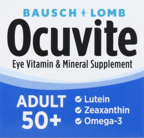 Ocuvite Eye Vitamin & Mineral Supplement, Contains Zinc, Vitamins C, E, Omega 3, Lutein, & Zeaxanthin, Bausch & Lomb Ocuvite Adult 50+ Eye Vitamin & Mineral Softgels, 50 Count (Packaging May Vary)