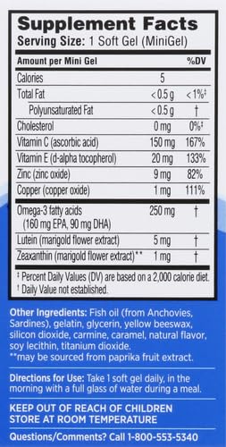 Ocuvite Eye Vitamin & Mineral Supplement, Contains Zinc, Vitamins C, E, Omega 3, Lutein, & Zeaxanthin, Bausch & Lomb Ocuvite Adult 50+ Eye Vitamin & Mineral Softgels, 50 Count (Packaging May Vary)