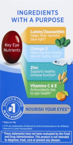 Ocuvite Eye Vitamin & Mineral Supplement, Contains Zinc, Vitamins C, E, Omega 3, Lutein, & Zeaxanthin, Bausch & Lomb Ocuvite Adult 50+ Eye Vitamin & Mineral Softgels, 50 Count (Packaging May Vary)