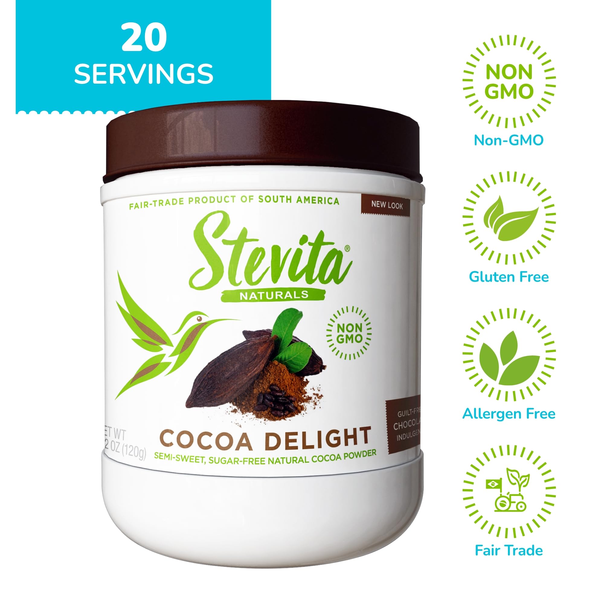 Stevita Cocoa Delight - 4.2 oz - Natural Cocoa Powder with Stevia - For Hot Cocoa, Smoothies, Desserts & Recipes - Non-GMO, Vegan, Keto, Paleo, Gluten Free - 20 Servings