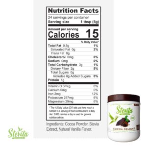 Stevita Cocoa Delight - 4.2 oz - Natural Cocoa Powder with Stevia - For Hot Cocoa, Smoothies, Desserts & Recipes - Non-GMO, Vegan, Keto, Paleo, Gluten Free - 20 Servings