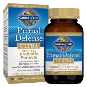 garden of life primal defense ultra ultimate probiotic formula - 15 billion cfu and 13 strains of probiotics plus hsos for healthy digestive balance, vegetarian and gluten free, 90 capsules