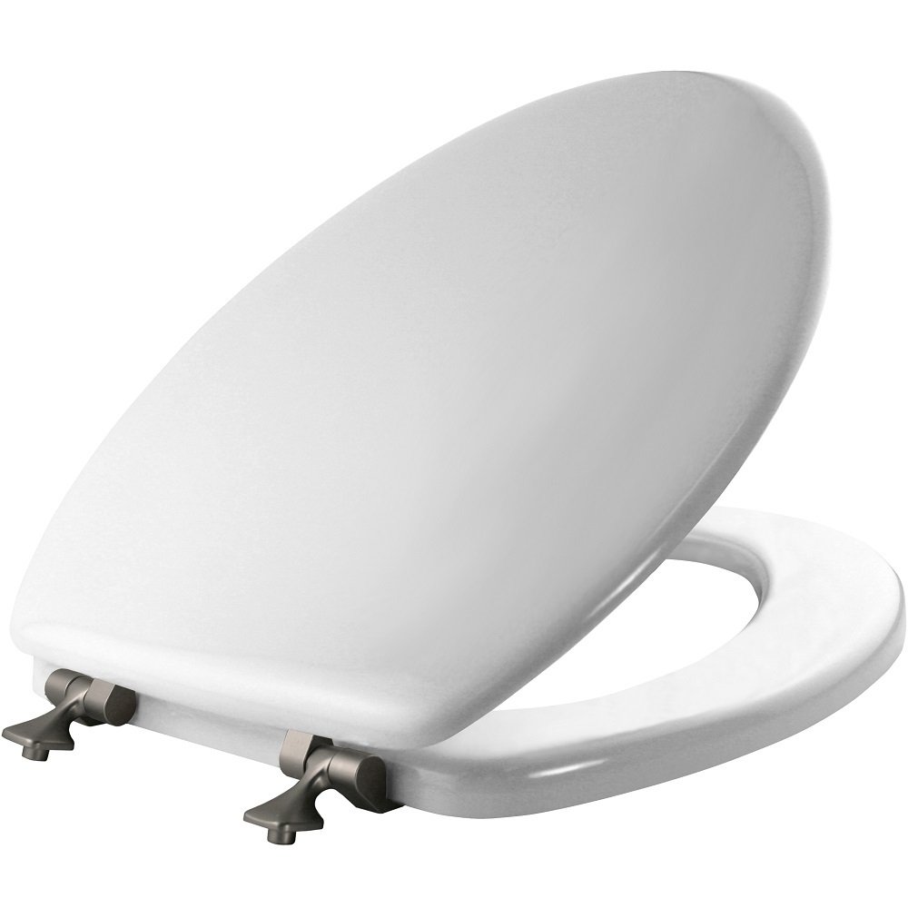 MAYFAIR 1844BNA 000 Toilet Seat with Brushed Nickel Hinges will Never Come Loose, ELONGATE, White - Brushed Nickel